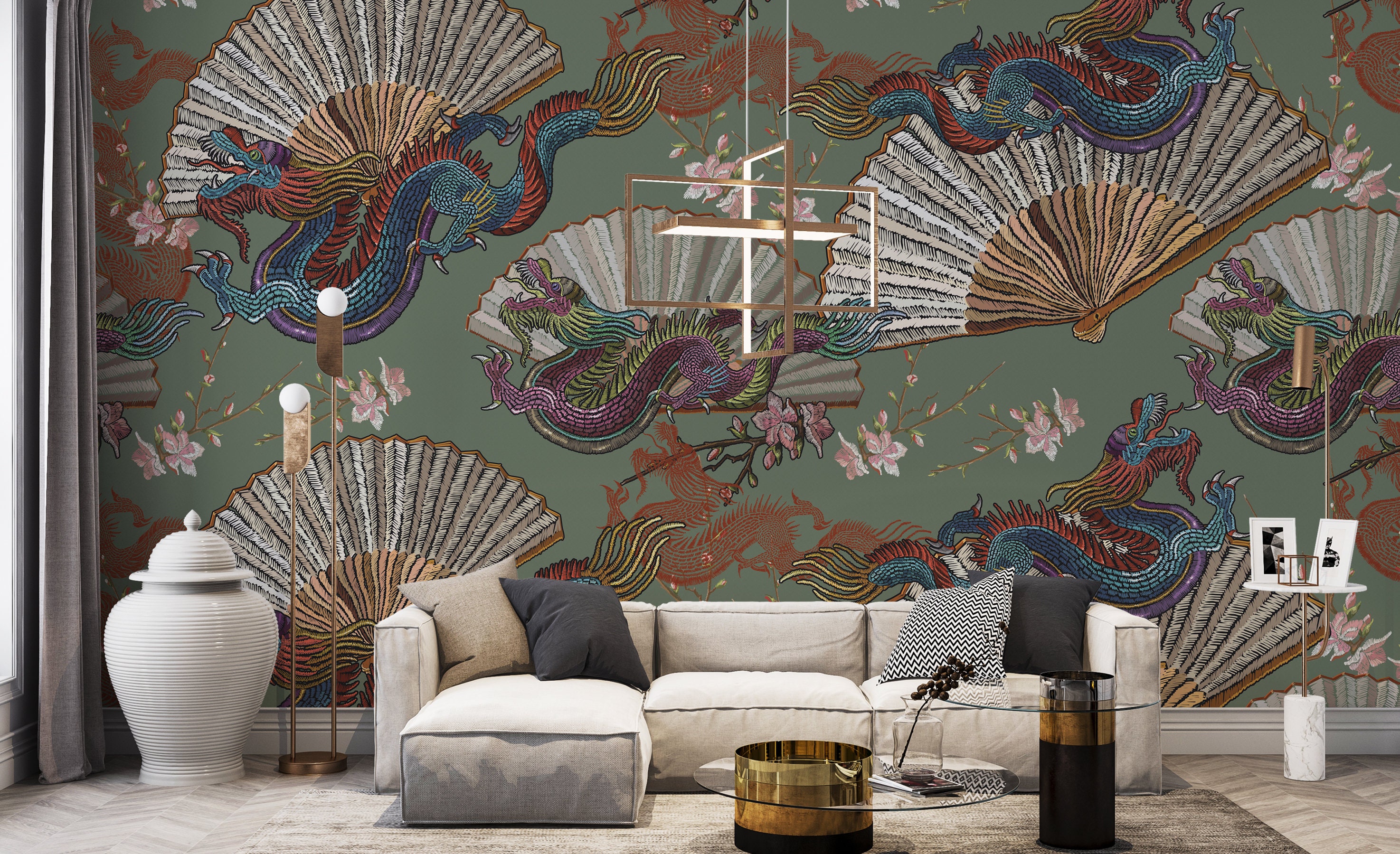 ASIAN DRAGON WALLPAPER. Japanese Wallpaper. Dragons and Fan Wall Mural ...