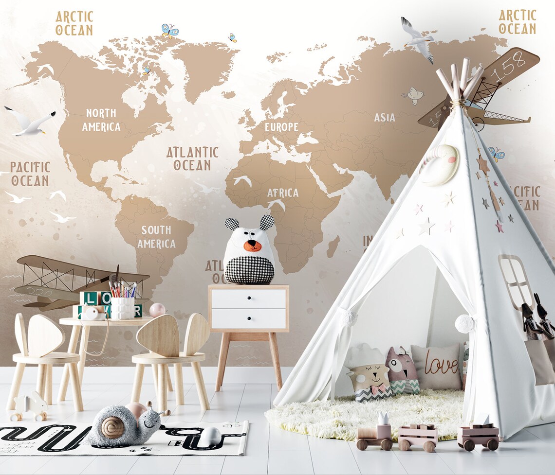 WORLD MAP WALLPAPER. Planes Nursery Wallpaper. World Wide Map Mural ...