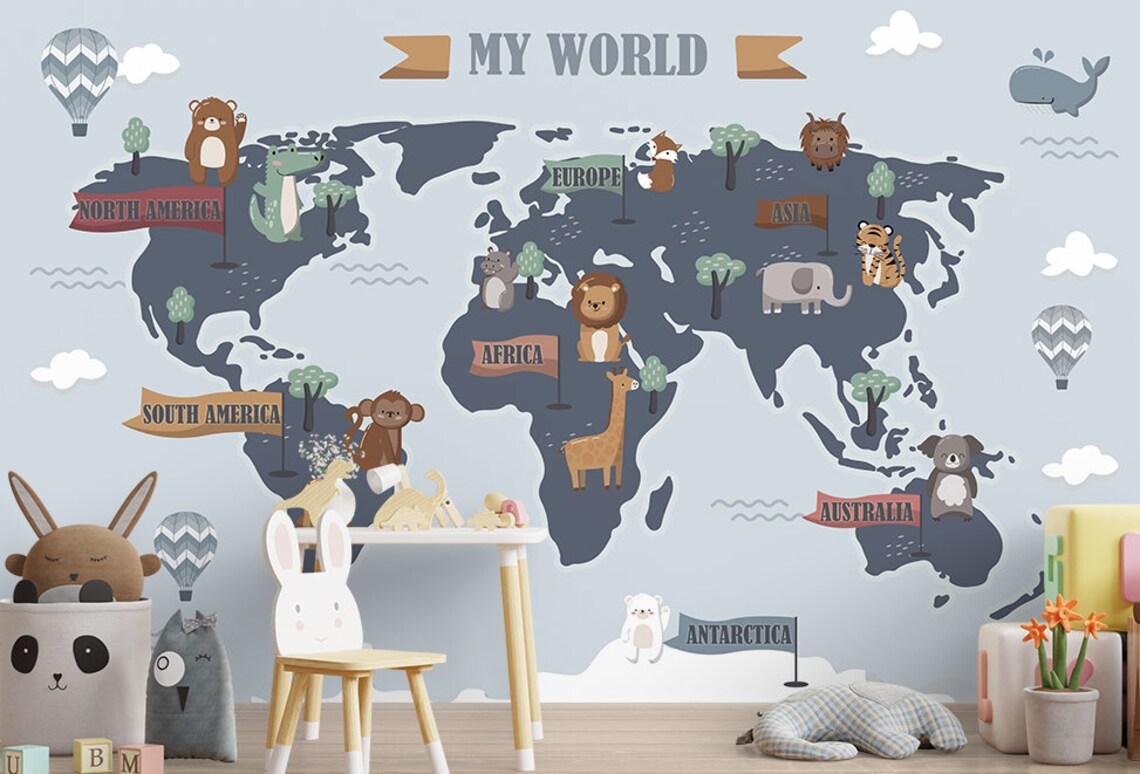 ANIMAL MAP WALLPAPER World Map Wallpaper. Kids Hot Air Balloons Mural ...