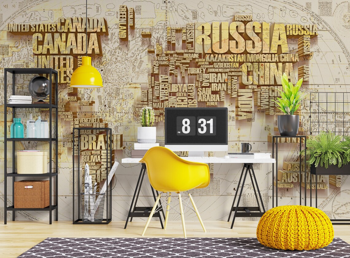 WORLD MAP WALLPAPER Map World Map Wallpaper Office Map Mural Coffee ...