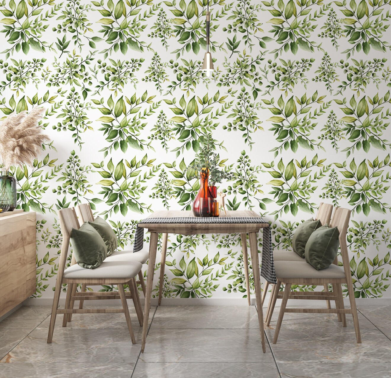 CLASSIC LEAVES WALLPAPER. Retro Design Plant Wallpaper. Green Leaf ...
