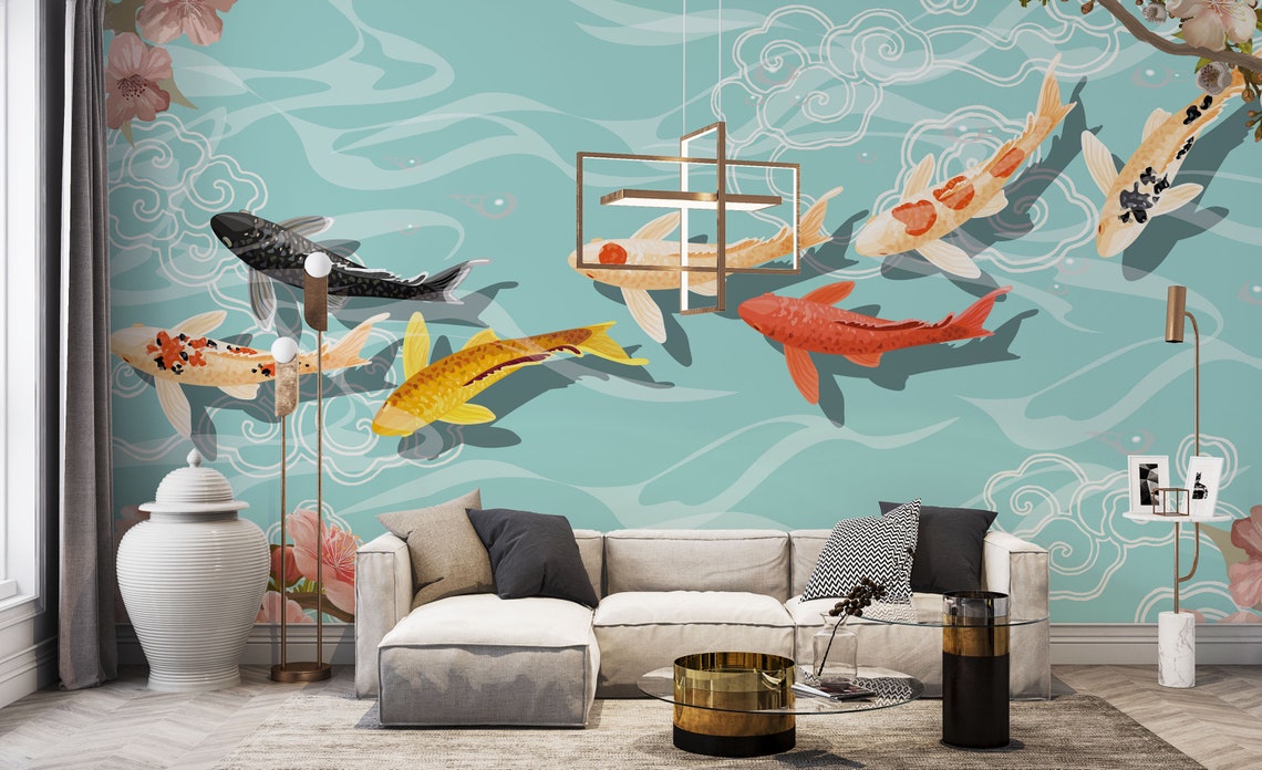 KOI FISH WALLPAPER. Asian Art Wallpaper. Modern Chinoiserie Wallpaper ...