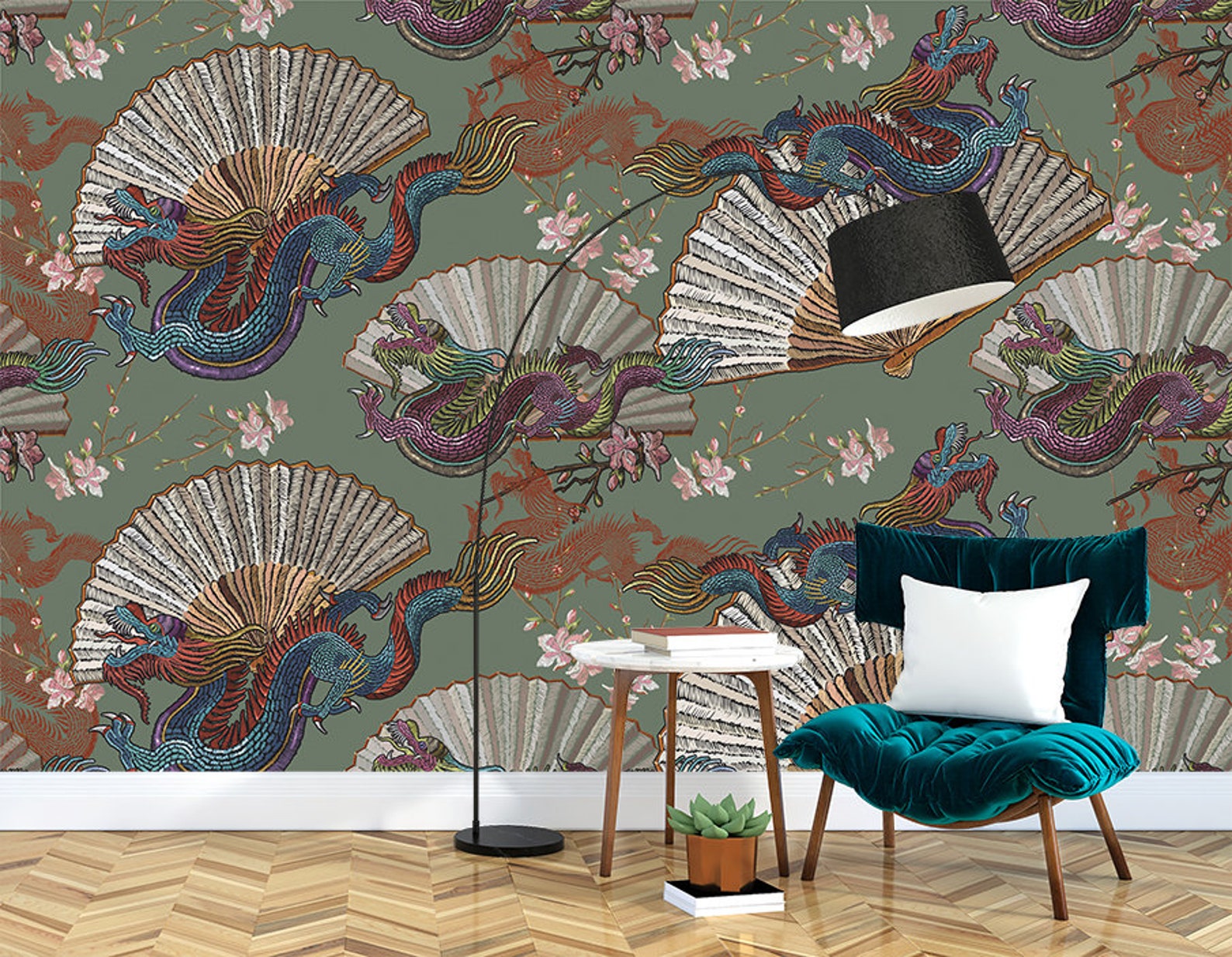 ASIAN DRAGON WALLPAPER. Japanese Wallpaper. Dragons and Fan - Etsy