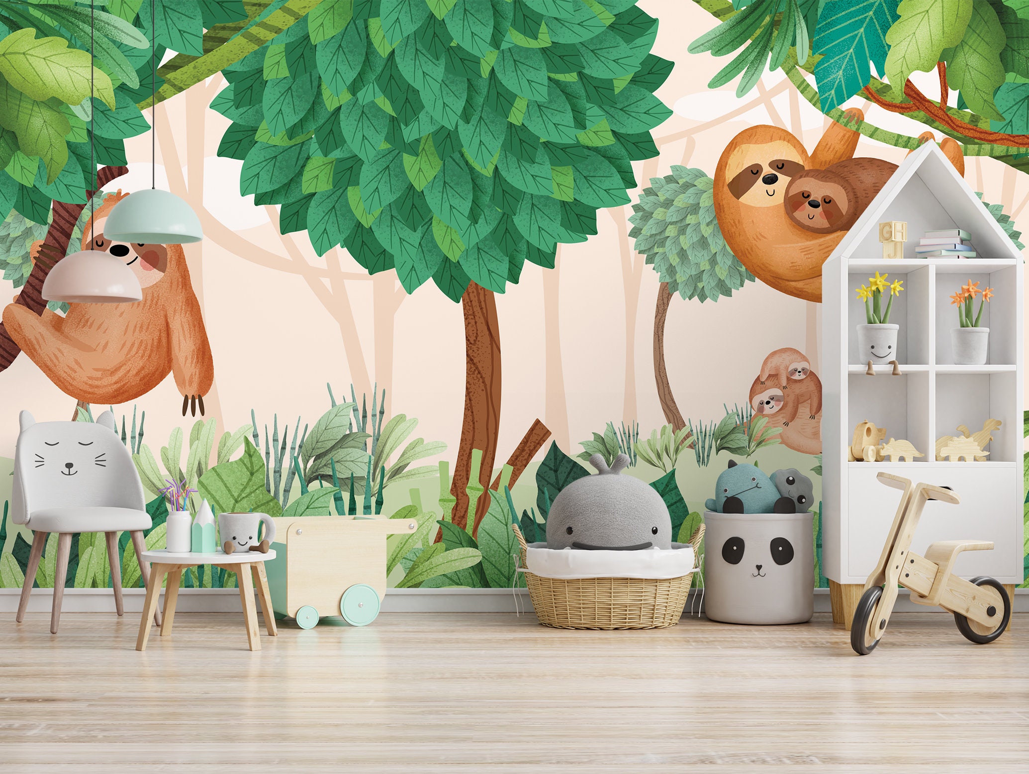 SLOTH FAMILY WALLPAPER. Watercolour Forest Nursery Wallpaper ...