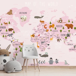 NURSERY MAP WALLPAPER. Animals World Map Kids Wallpaper. Nursery Map ...