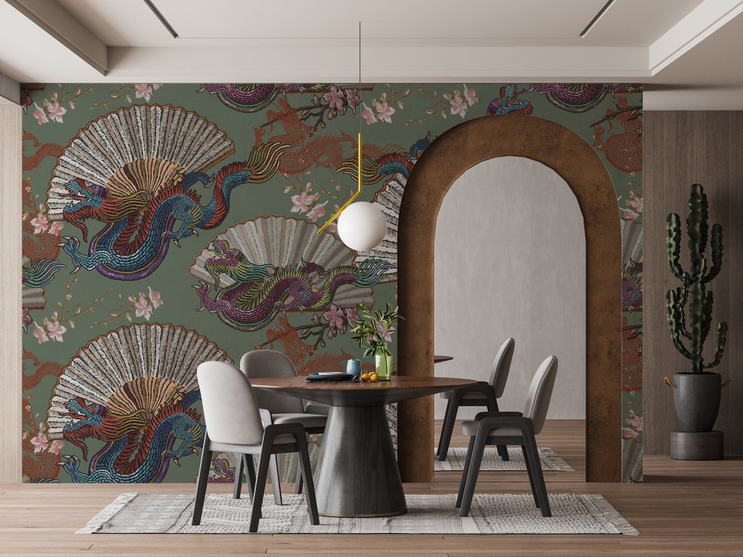 ASIAN DRAGON WALLPAPER. Japanese Wallpaper. Dragons and Fan Wall Mural ...