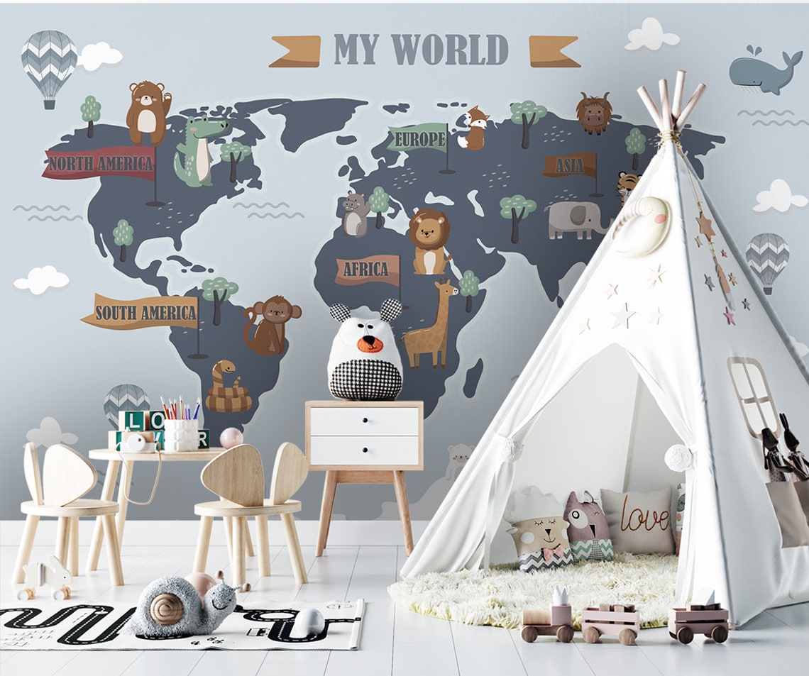 ANIMAL MAP WALLPAPER World Map Wallpaper. Kids Hot Air Balloons Mural ...
