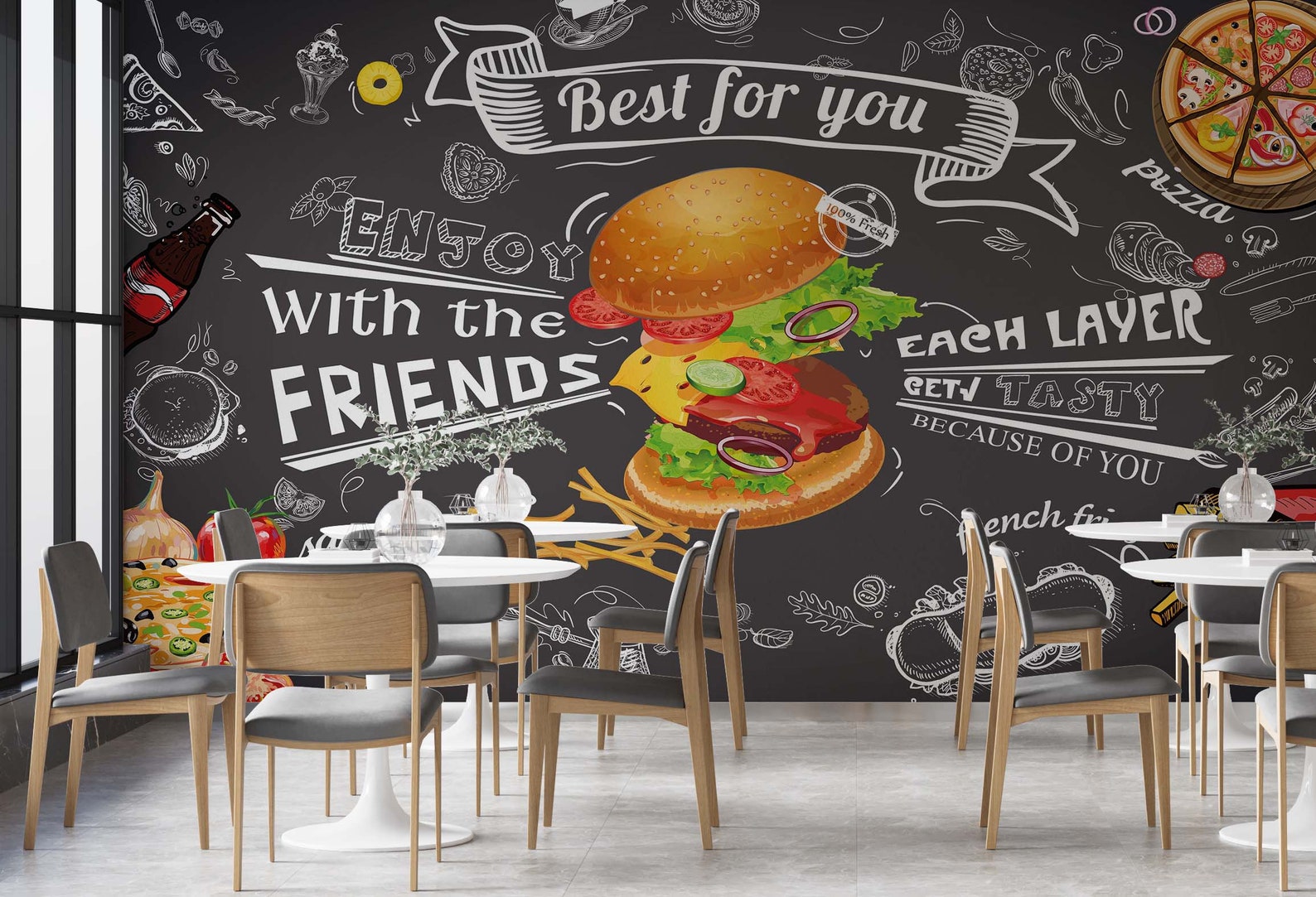 FASTFOOD RESTAURANT WALLPAPER. Hamburger Wallpaper. Cafe Mural. Custom ...