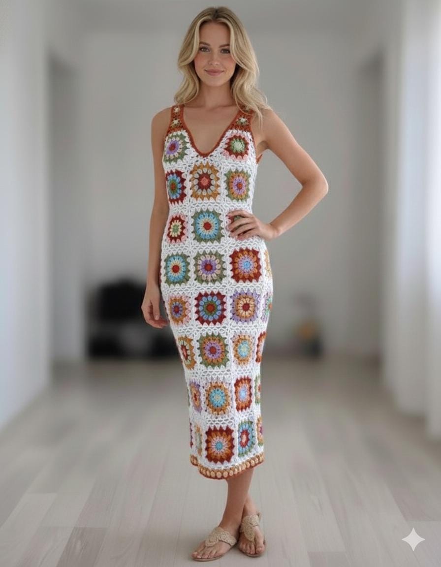 Crochet Granny Square Dress: Handmade Cotton Maxi Hippie Dress - Etsy