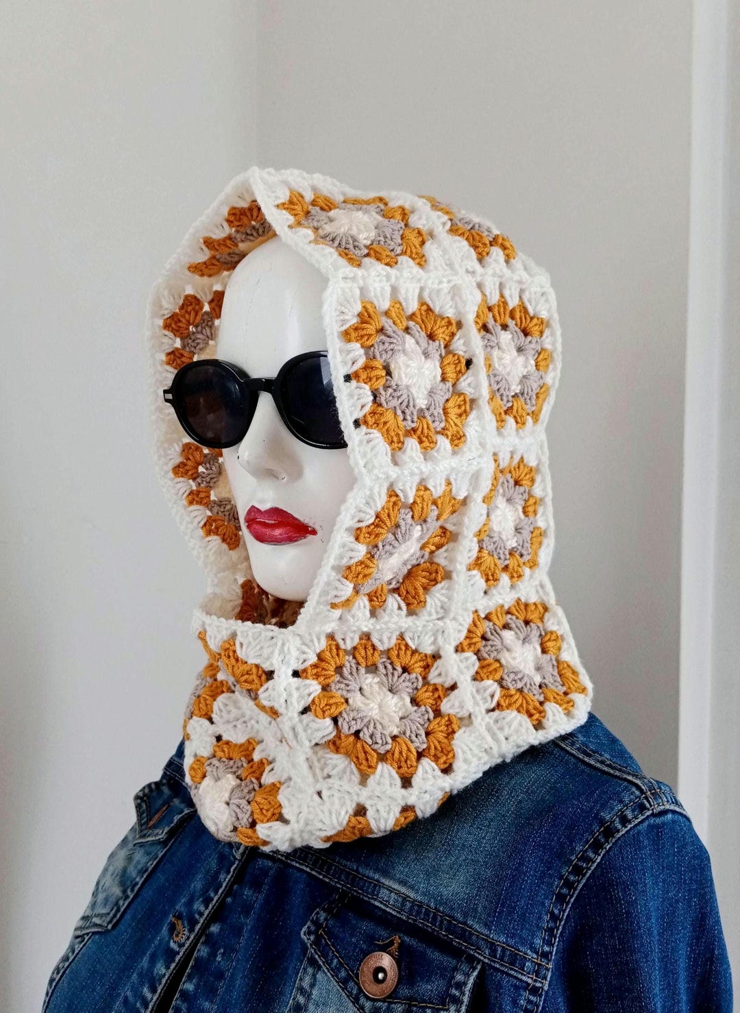 Granny Square Crochet Hooded Cowl – Handmade Chunky Hooded Scarf – Warm ...