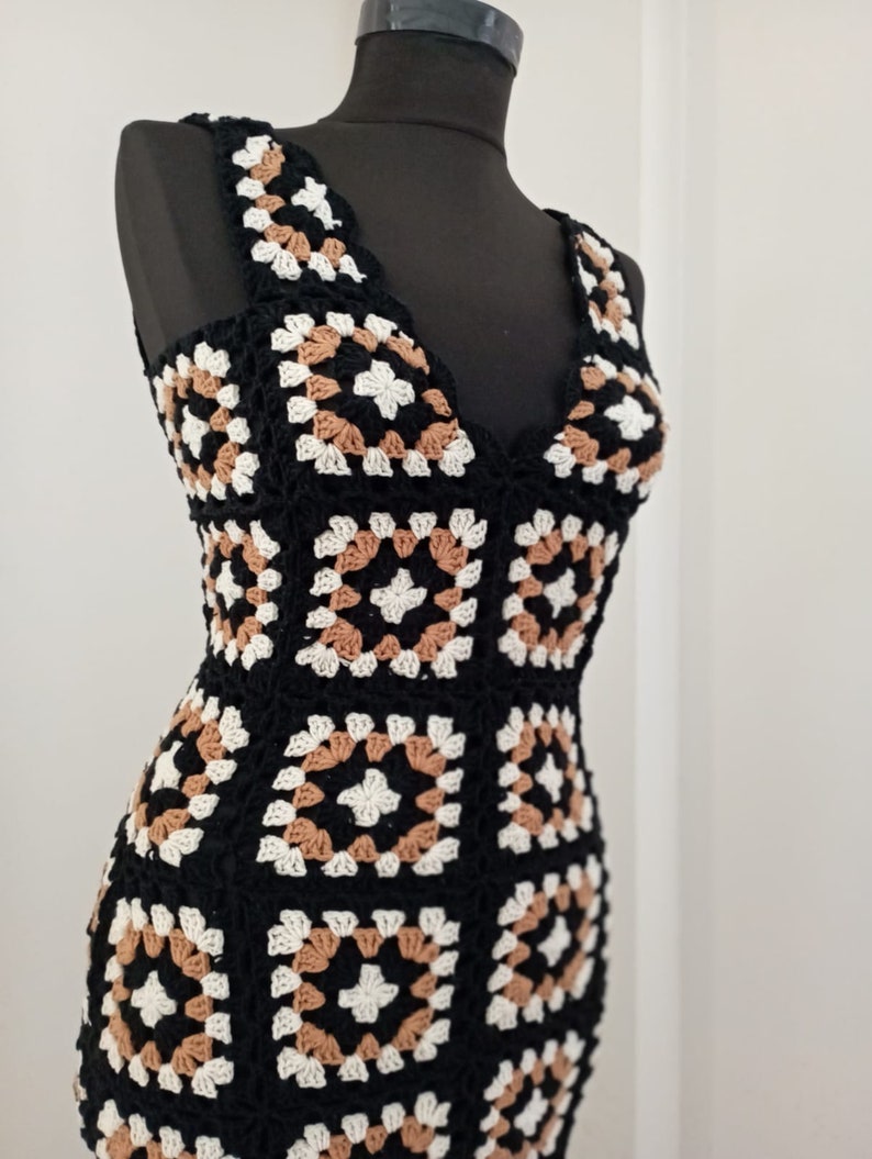 Black Crochet Granny Square Dress For Women Handmade Etsy