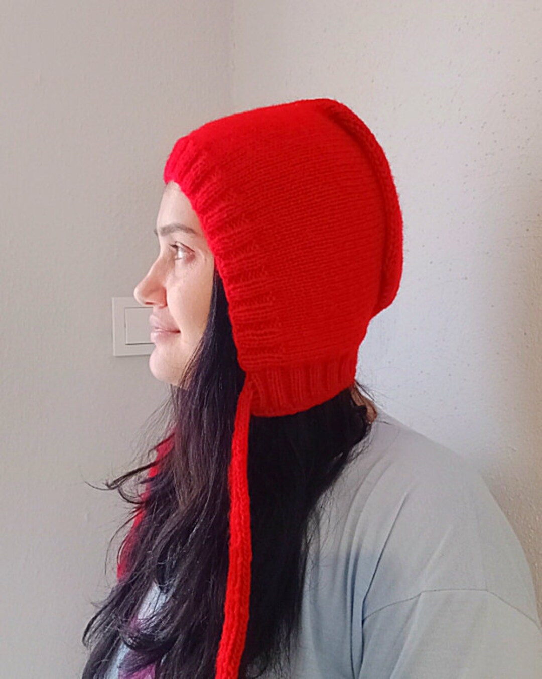 Hand Knit Tie Bonnet, Red Winter Warm Hat, Crochet Balaclava Bonnet ...
