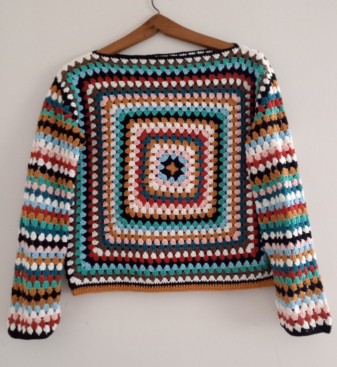 Crochet Pullover Sweater, Granny Square Colorful Sweater, Unisex ...