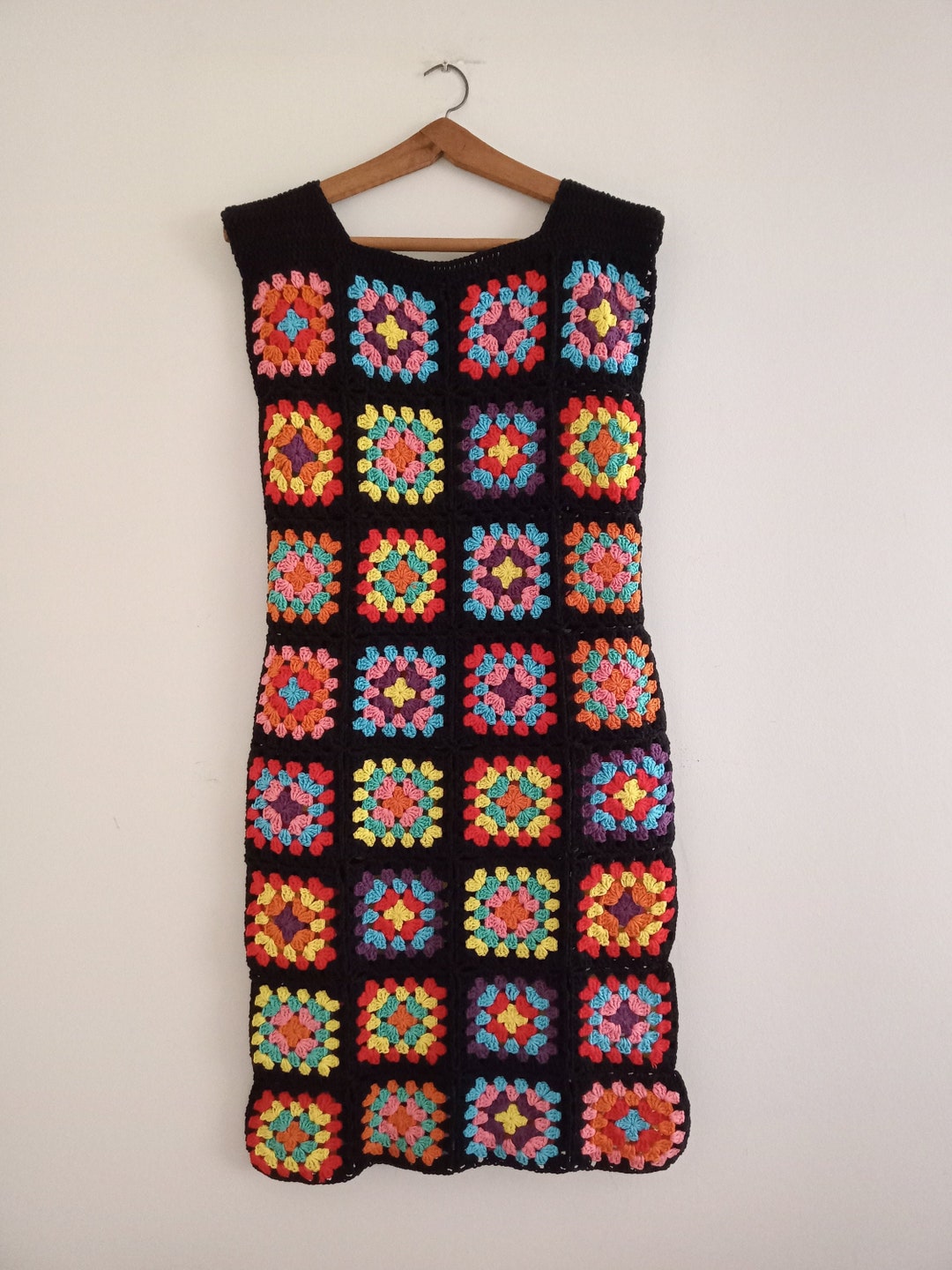 Black Crochet Granny Square Dress: Handmade Colorful Festival Mini ...