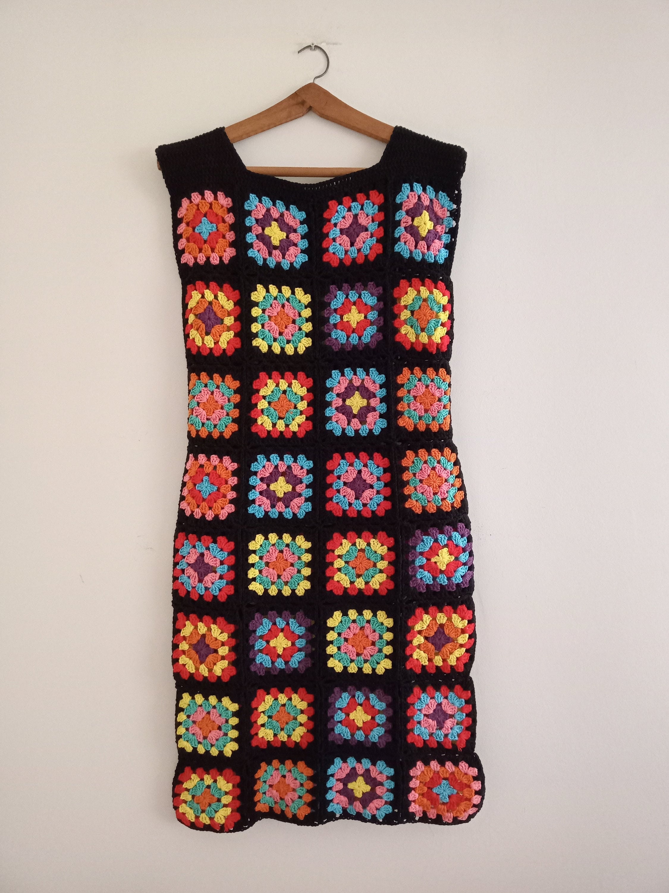 Black Crochet Dress, Granny Square Colorful Dress, Handmade Granny ...