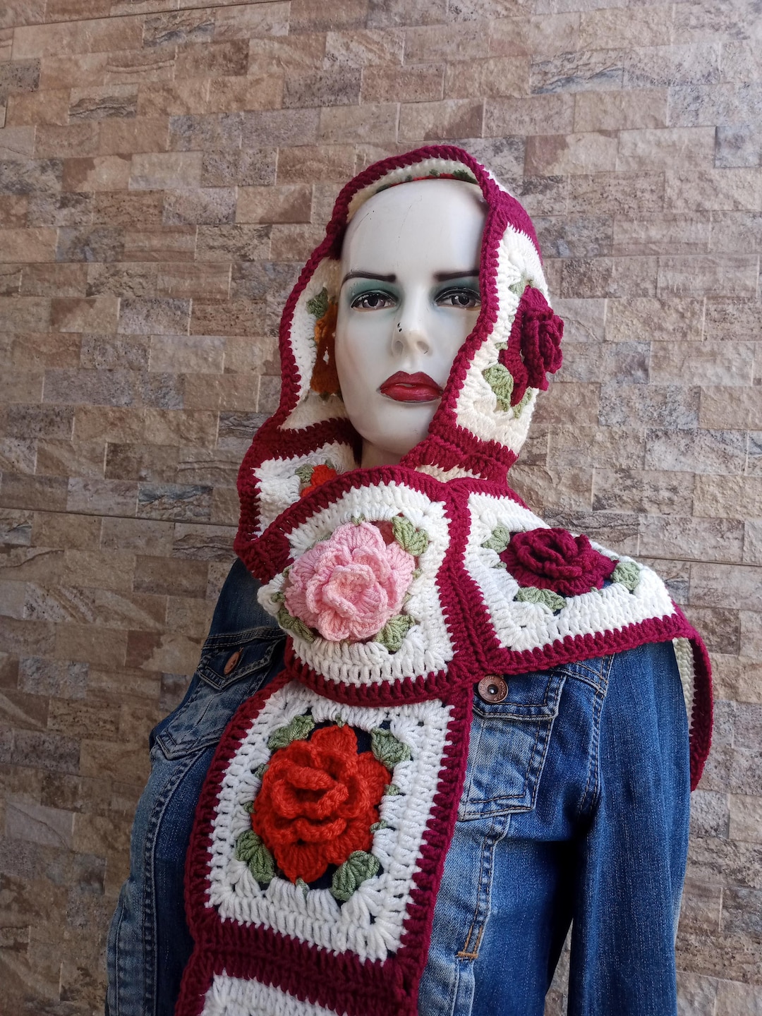 Crochet Balaclava Scarf, Handknitted Balaclava Scarf, Rose Balaclava ...