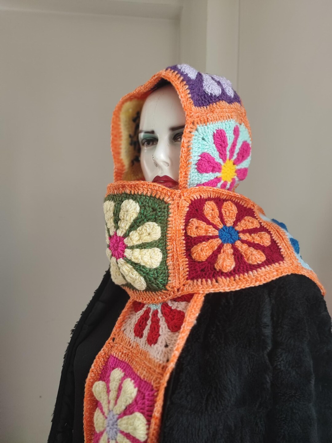 Crochet Balaclava Scarf, Orange Daisy Colorful Balaclava Scarf, Unisex ...