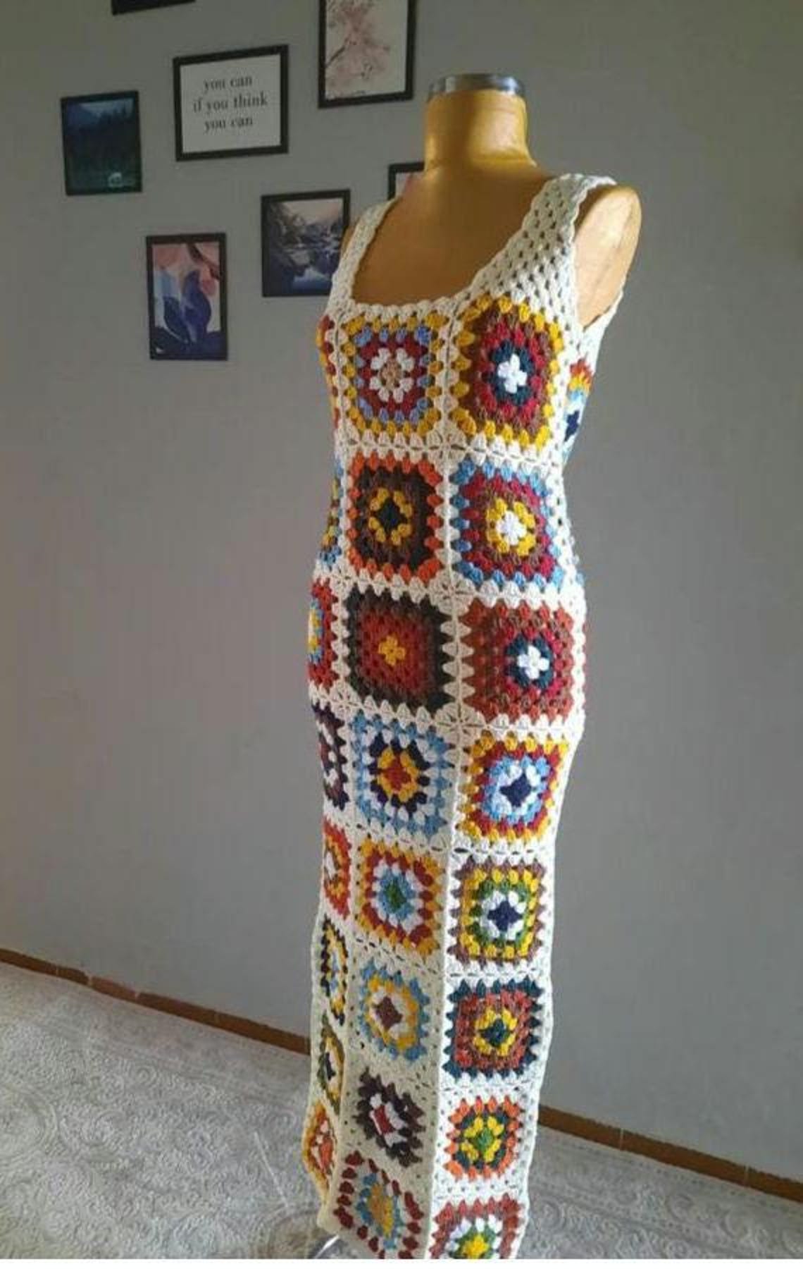 Handmade Crochet Granny Square Midi Dress: Colorful Cotton Summer Dress ...