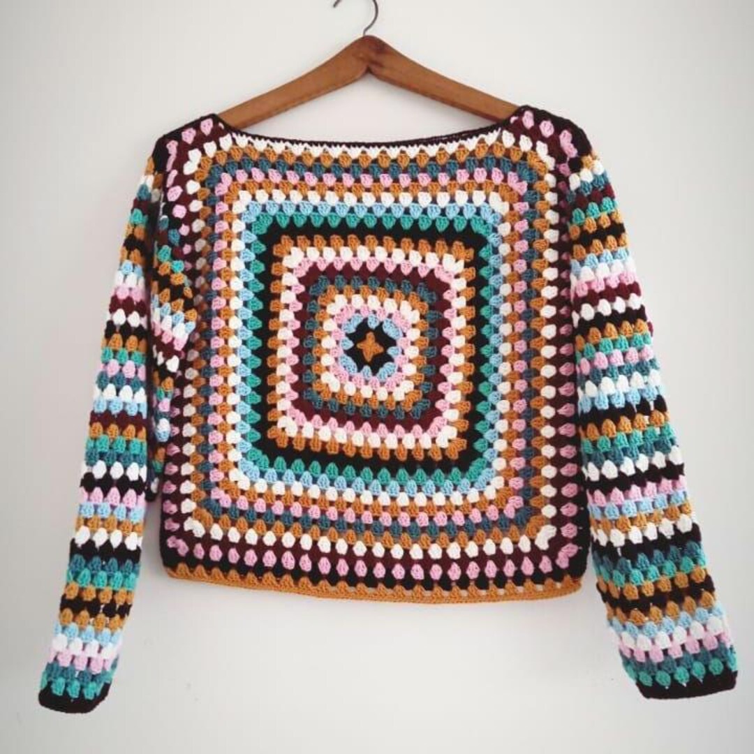 Colorful Granny Square Crochet Sweater: Handmade Y2K Boho Knit Top - Etsy
