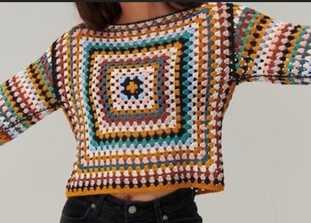 Crochet Pullover Sweater, Granny Square Colorful Sweater, Unisex ...
