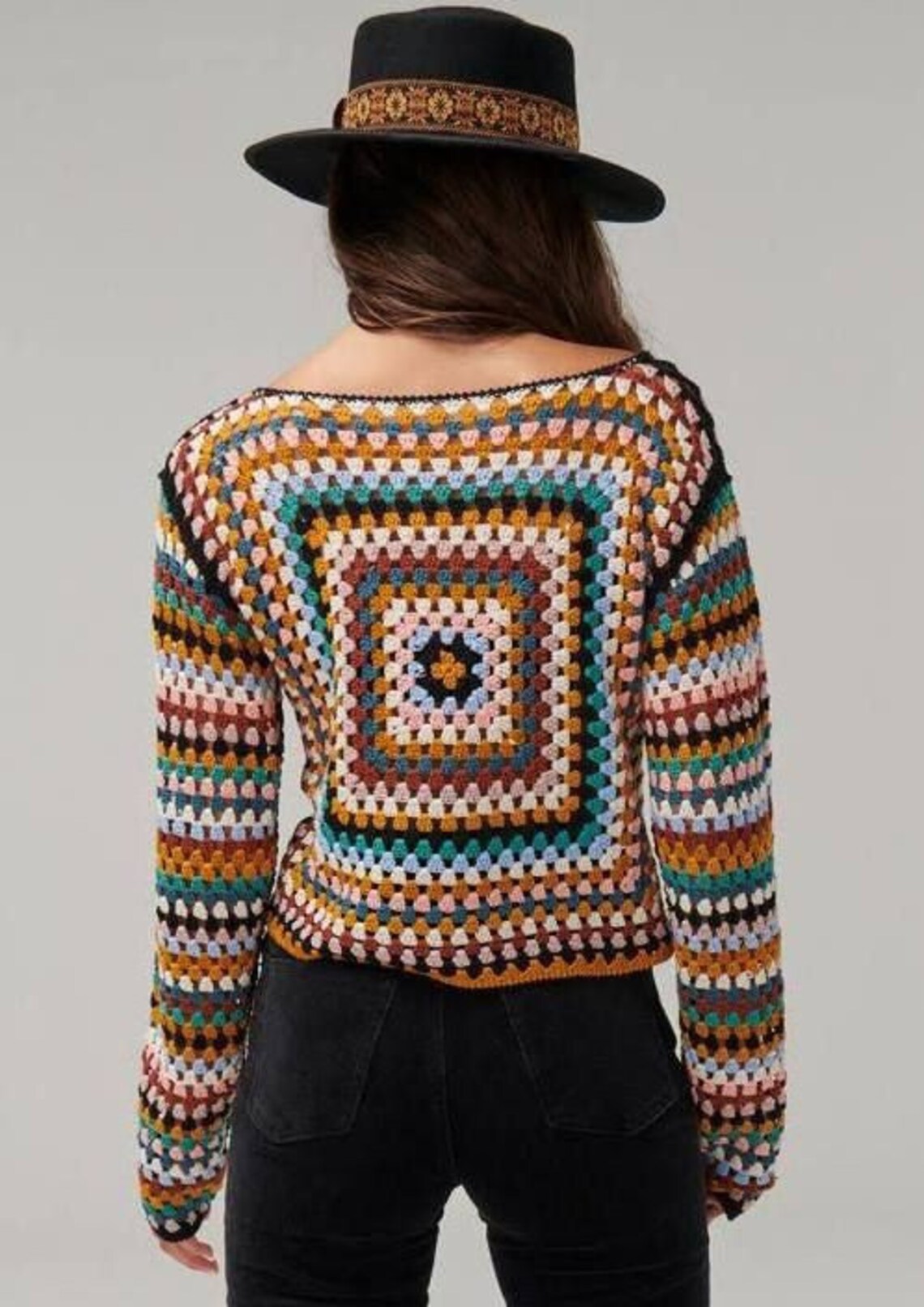 Crochet Pullover Sweater, Granny Square Colorful Sweater, Unisex ...