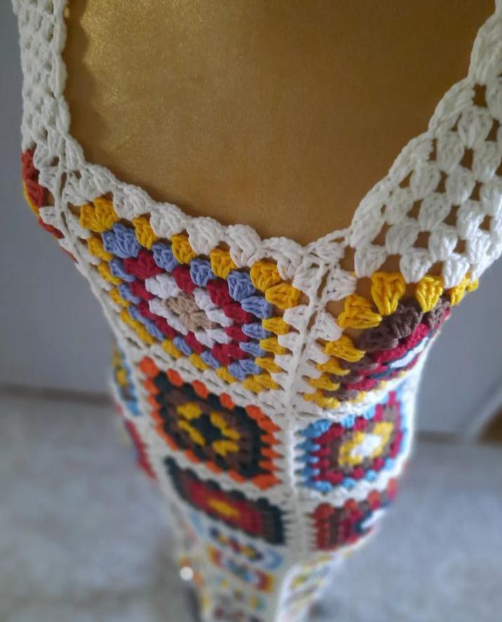 Handmade Crochet Granny Square Midi Dress: Colorful Cotton Summer Dress ...