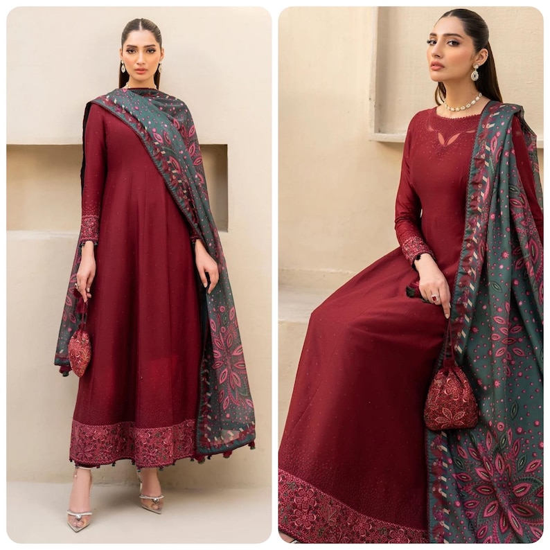 3pc Jazmin Embroidered Lawn Anarkali Frock Suit Pakistani Indian ...