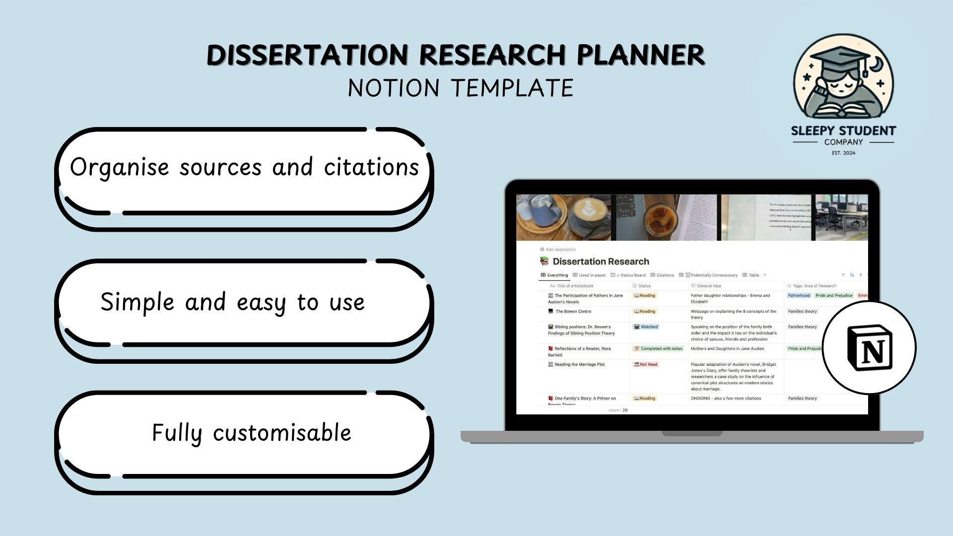 Notion Template, Dissertation Research Planner Dashboard, Digital ...