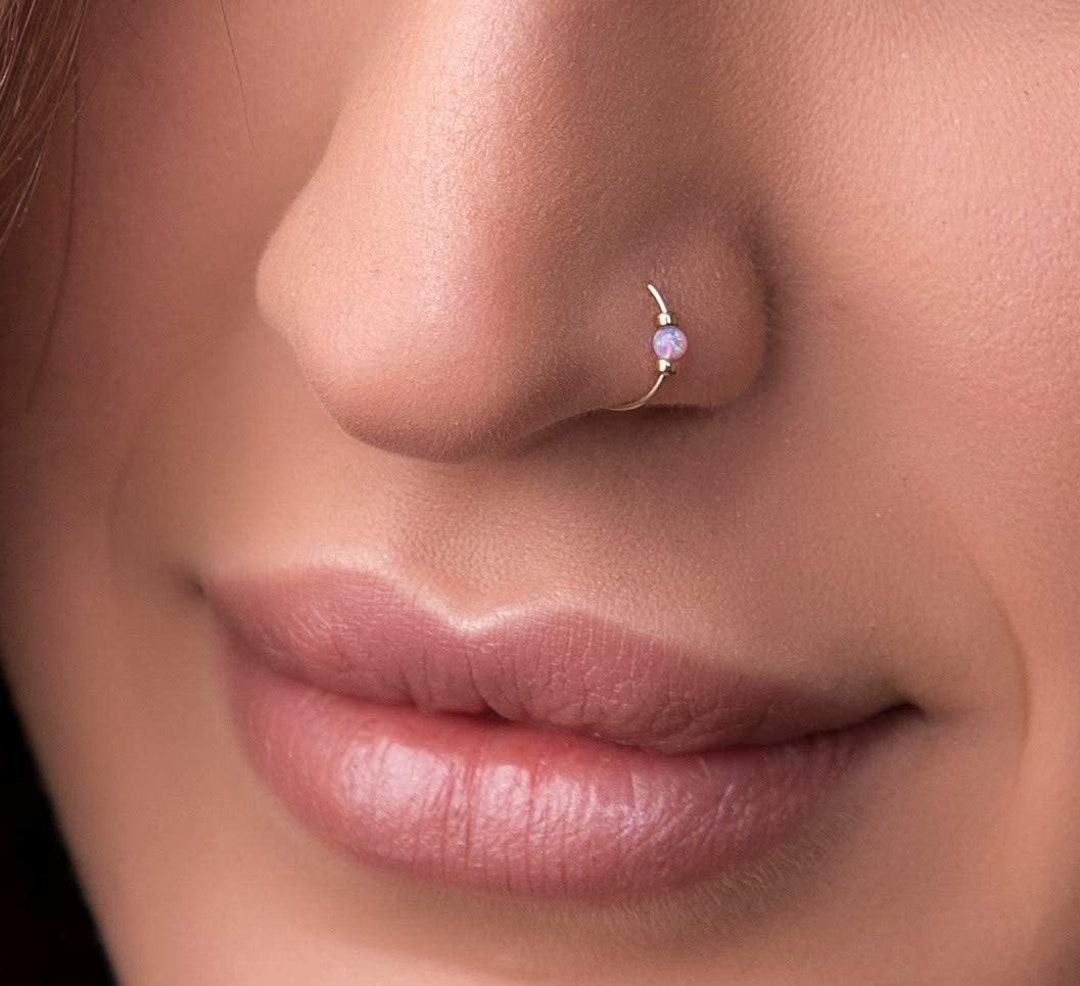 Small Pink Opal Nose Ring Hoop - 2mm Pink Opal 14k Gold Filled Nose Piercing Ring - Etsy