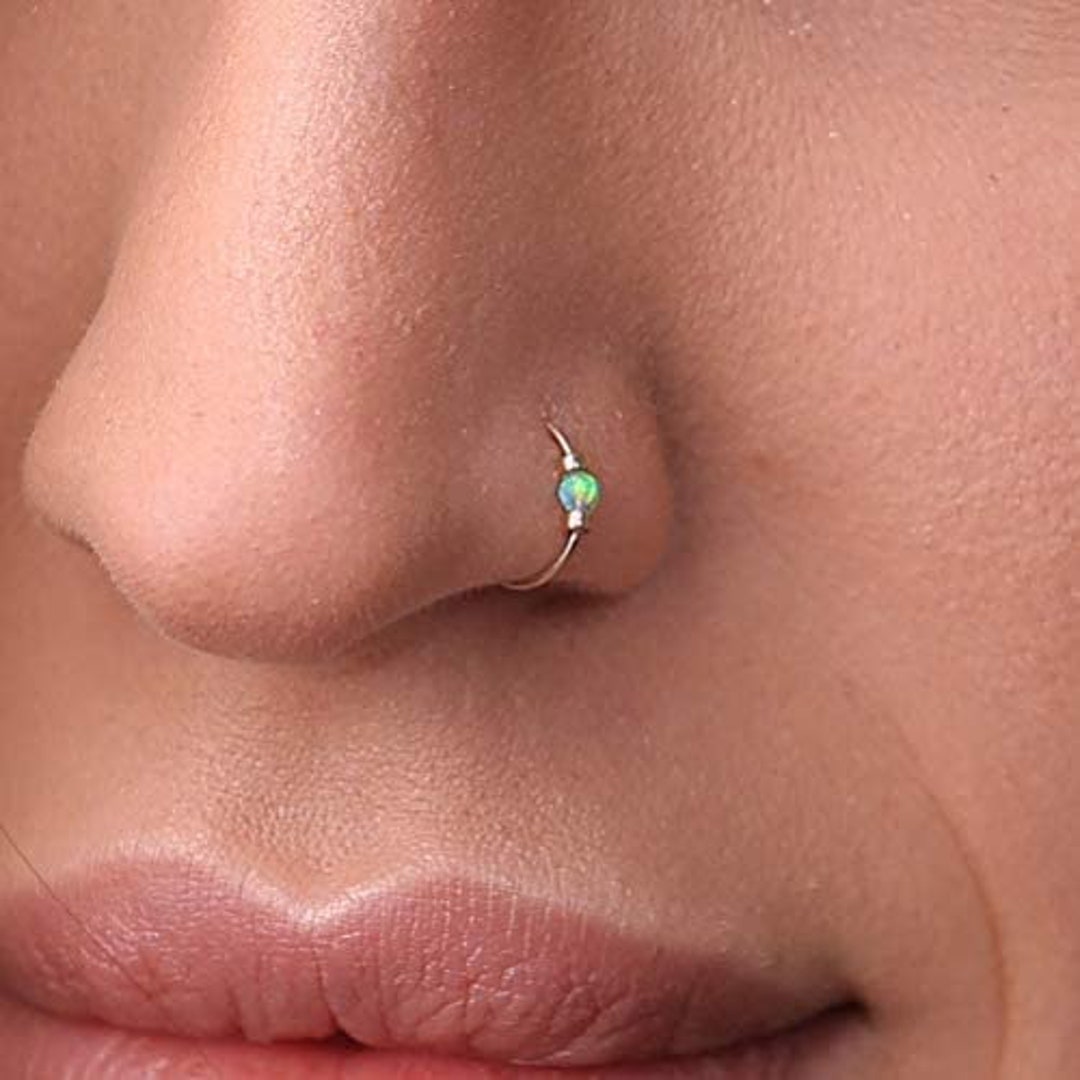 Tiny 24G Green Opal Nose Ring Hoop - 24G Nose Piercing Hoop- 14K Gold ...