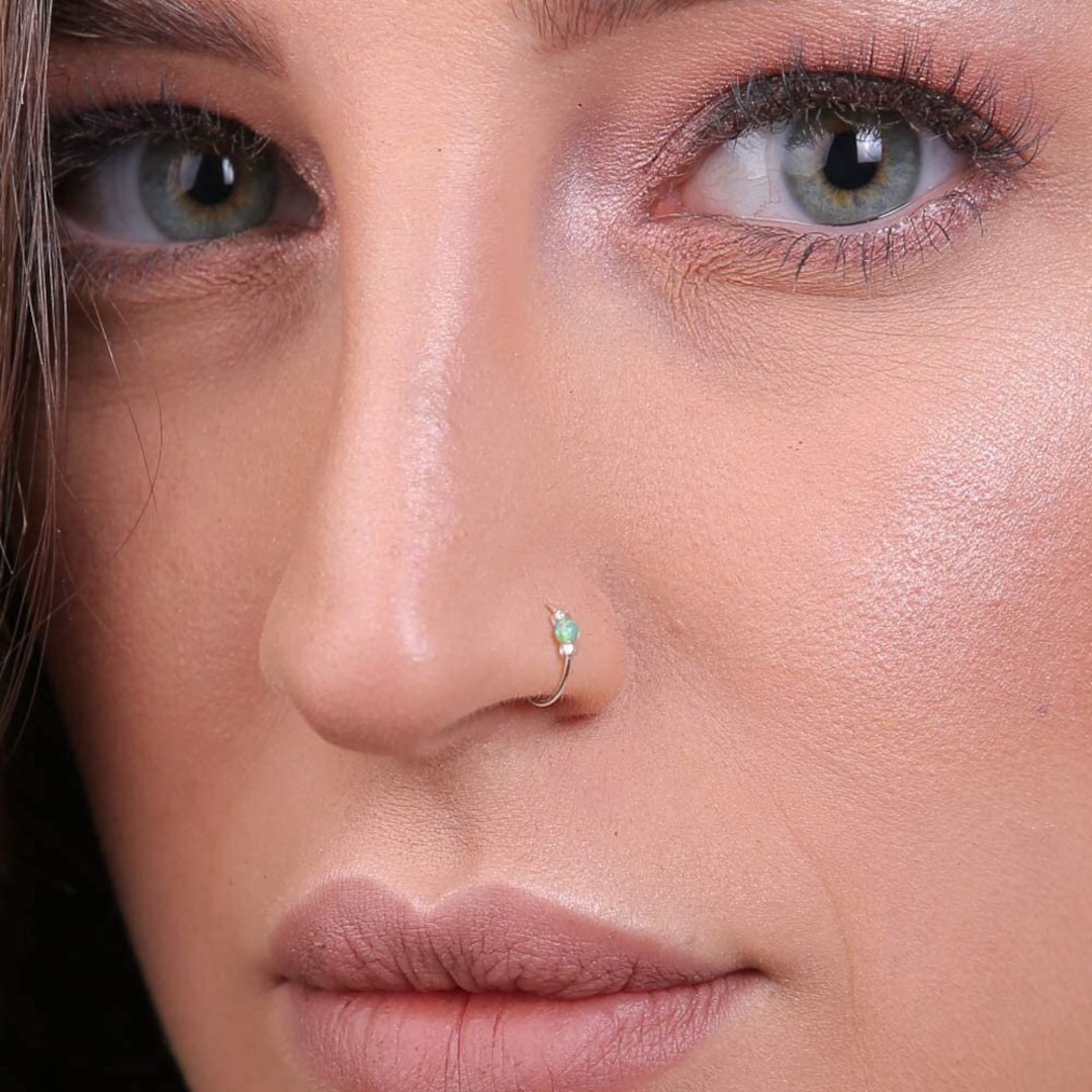 Tiny Green Opal Nose Ring Hoop - 24G Nose Piercing Hoop- 925 Sterling ...