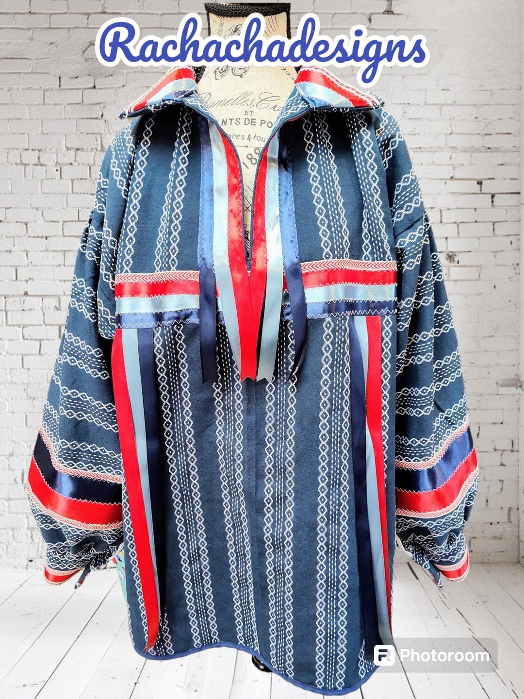 Native American Ribbon Shirt Dark Blue and White Woven Fabric Ribbon ...