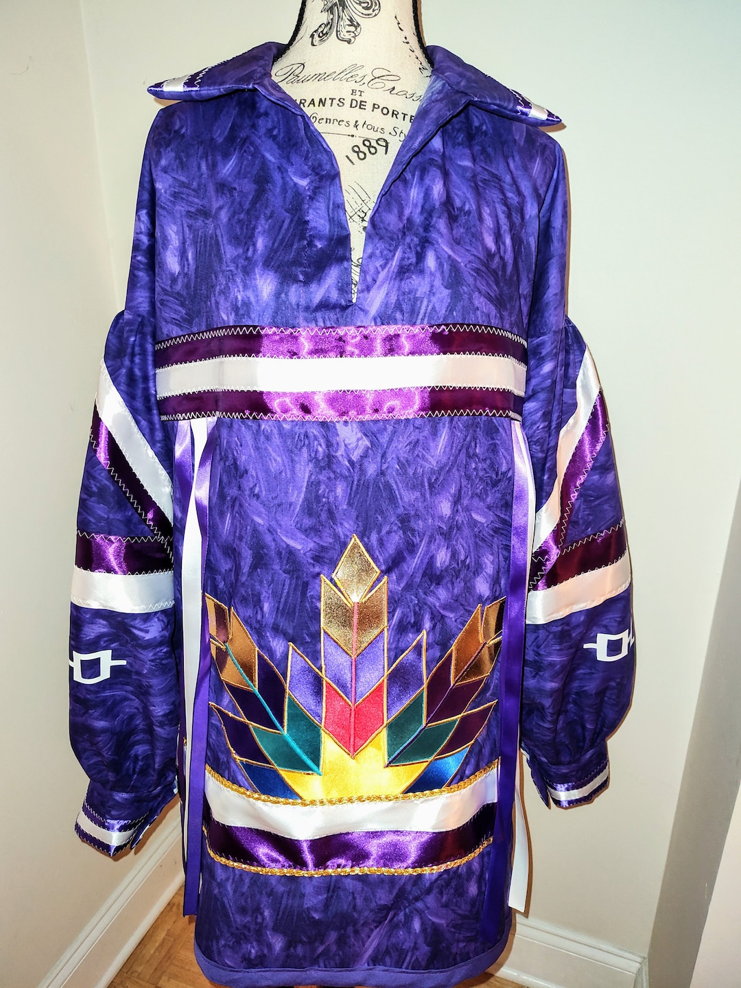 Native American Ribbon Shirt Feather Applique Wampum Belt Ribbon Shirt ...