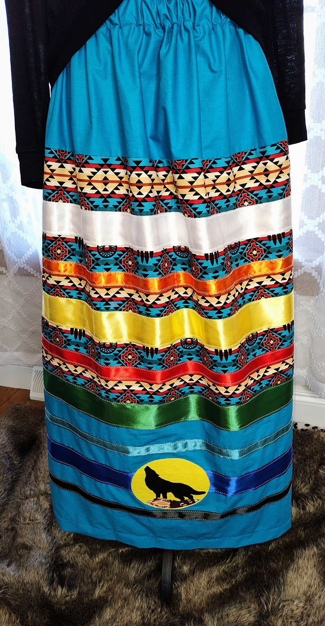 Ribbon Skirt, Native American Ribbon Skirt, Ribbon Skirt With Wolf ...