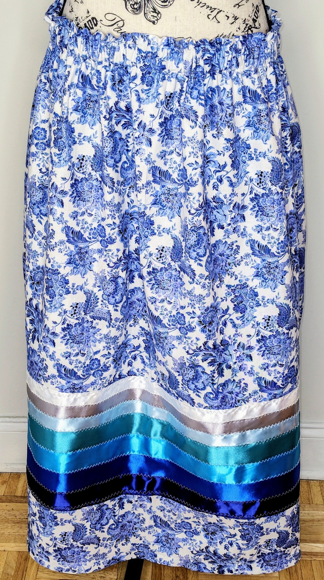 Native American Ribbon Skirt White and Blue Floral Paisley Ribbon Skirt ...