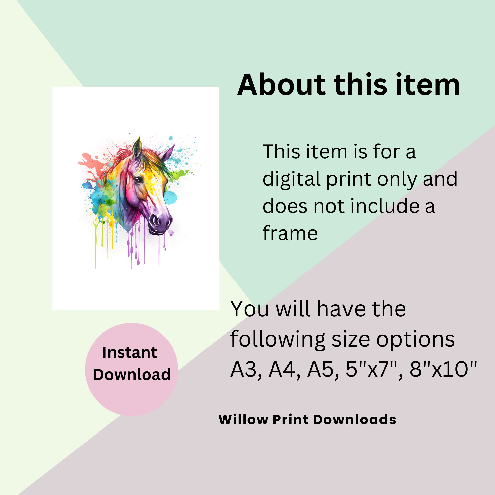 Colourful Splash Art Horse Poster, INSTANT DOWNLOAD, Horse Head Print ...