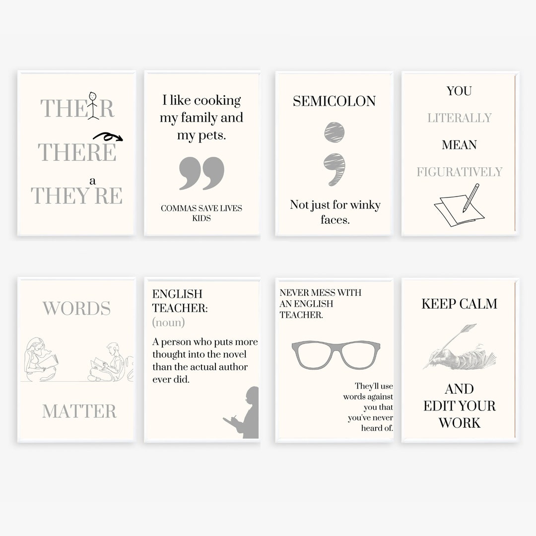Grey Funny Grammar Posters; English Literature Classroom Prints ...