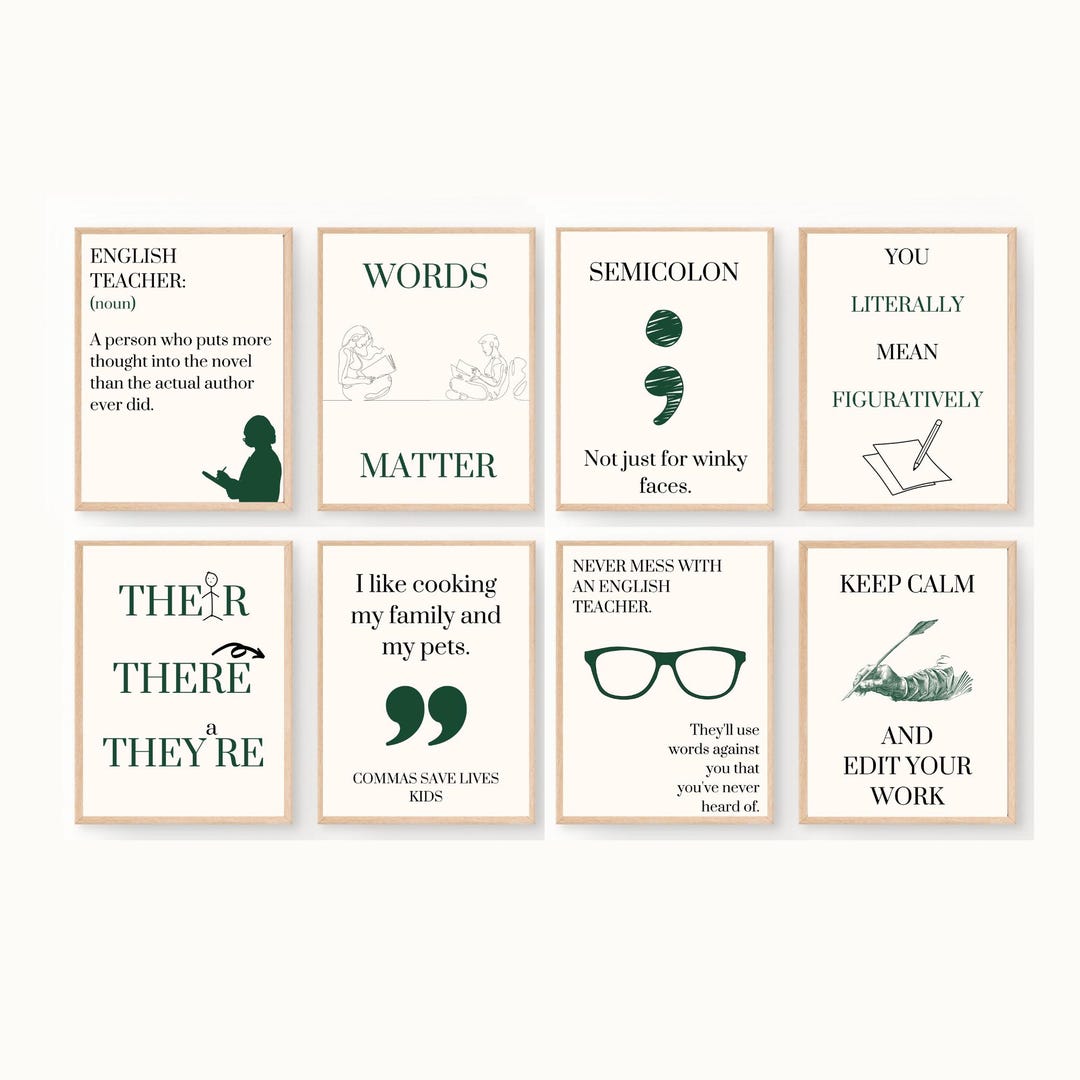 Custom Green Funny Grammar Posters; English Literature Classroom Prints ...