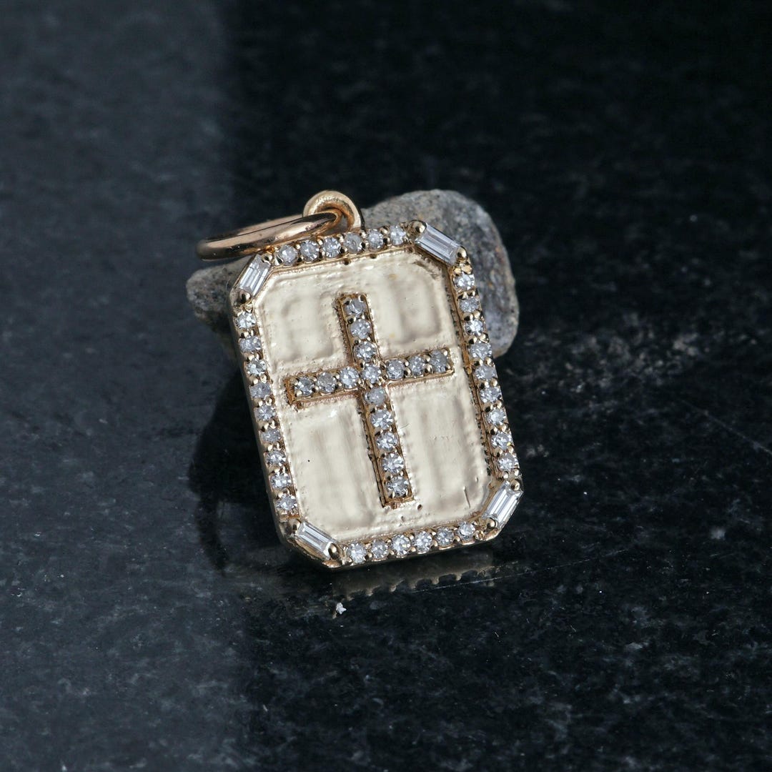 Solid 14k Yellow Gold Cross Pendant Natural Pave Diamond Charm Jewelry ...
