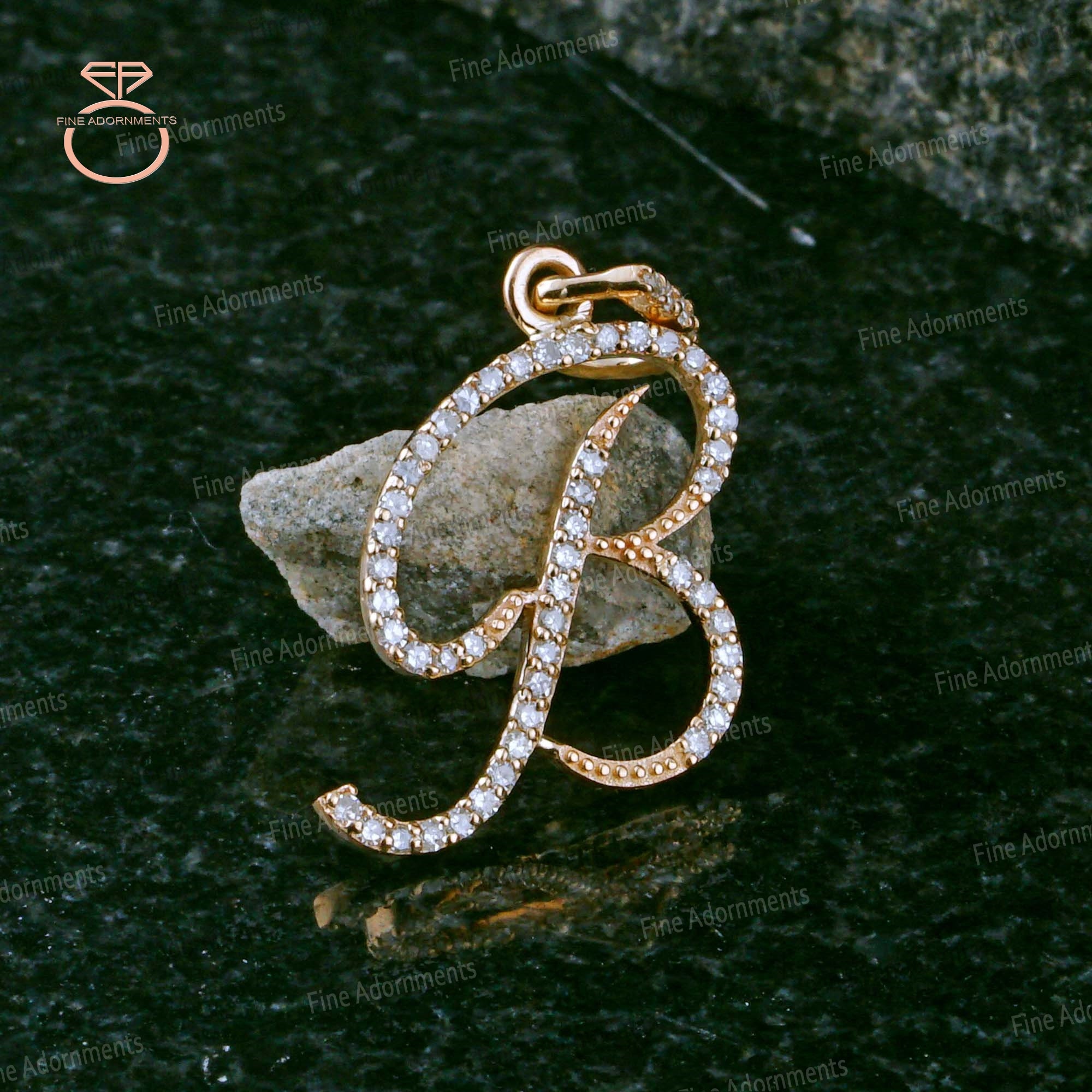 Solid 14k Gold Small B Initial Pendant Pave Diamond Jewelry Gold Charm ...