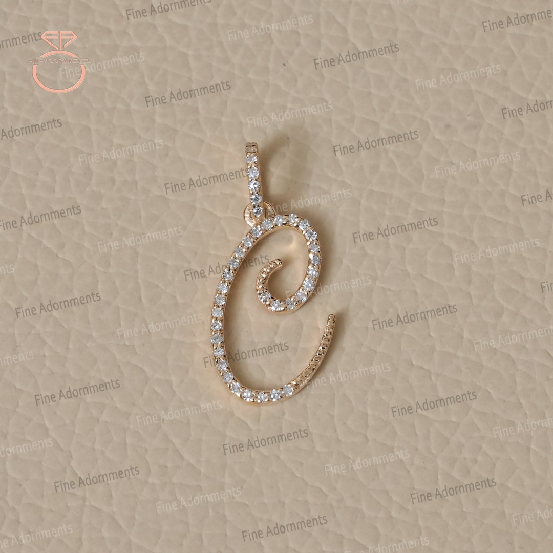Pave Diamond Solid 14k Yellow Gold Small C Initial Pendant Pave Diamond ...