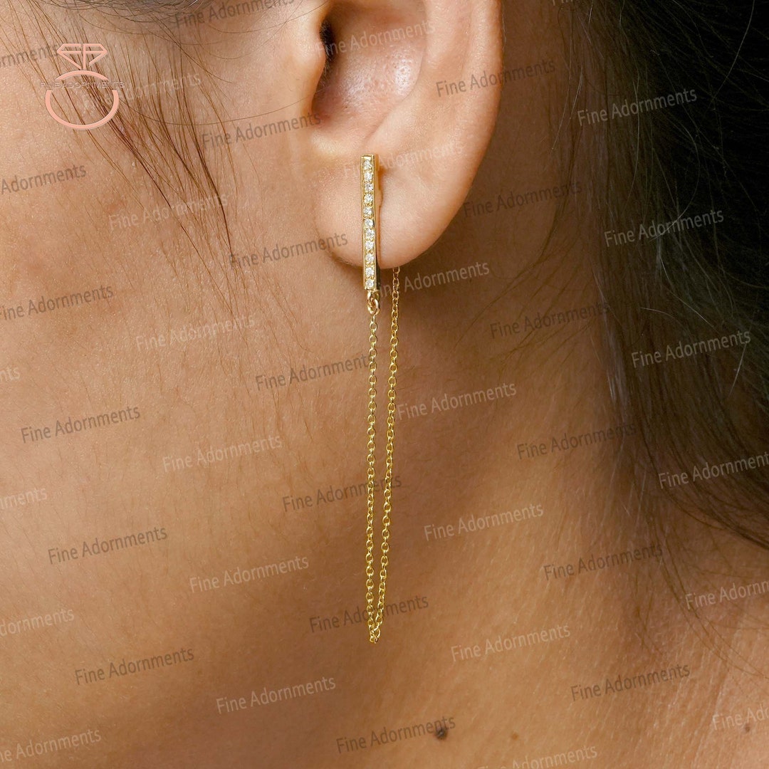 14K Gold Chain Earrings Pave Diamond Jewelry Handmade Thread Earrings ...