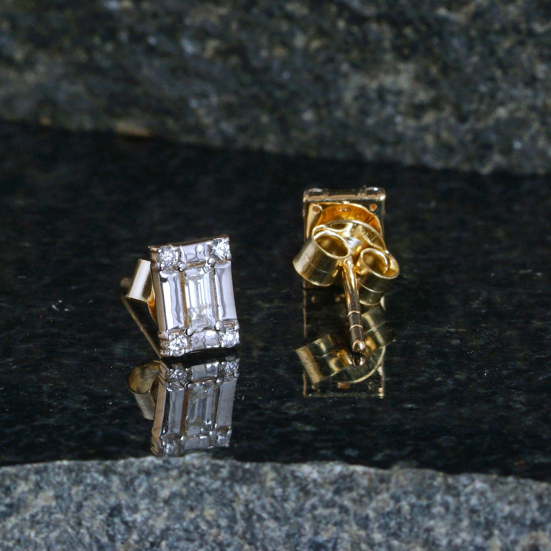 Double Cut Diamond Solid Gold Stud Rectangle Earrings 14K Jewelry ...