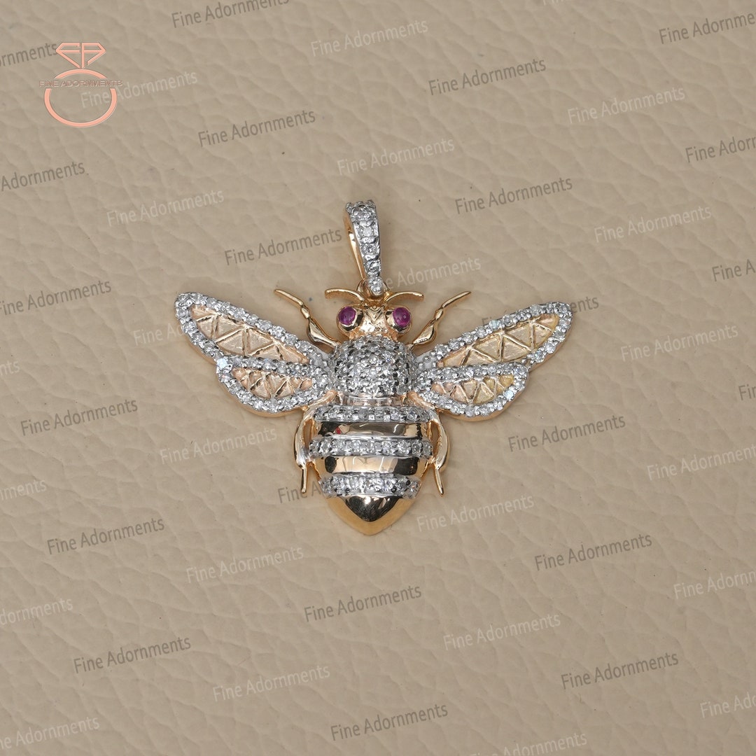 Pave Diamond Solid 14k Yellow Gold Bee Insect Pendant Ruby Charm ...