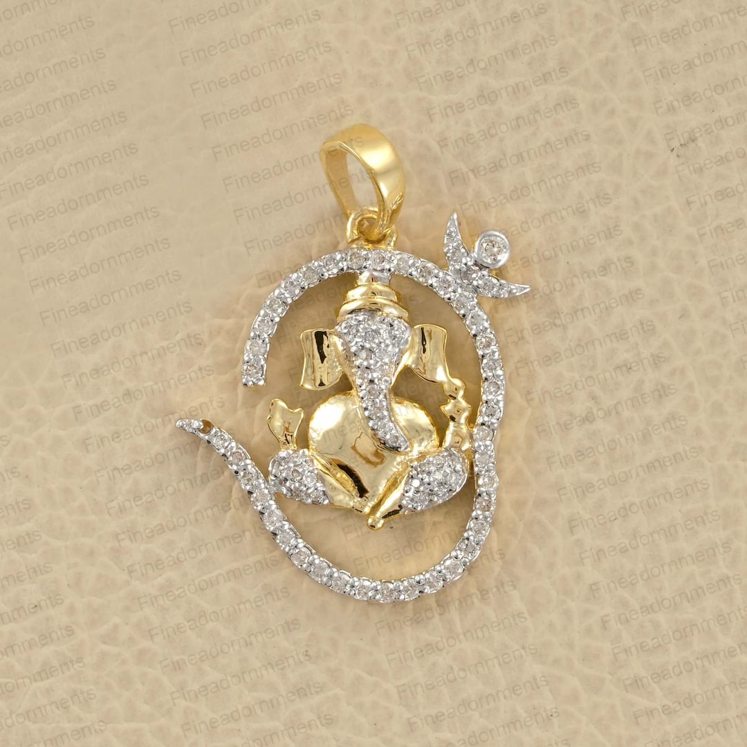 Solid 14k Yellow Gold Om Pendant Natural Pave Diamond Ganesha Jewelry ...