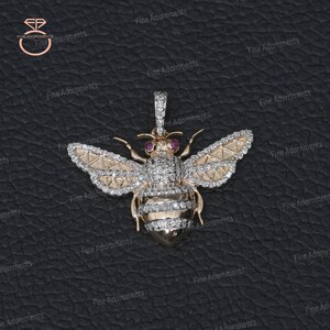 Pave Diamond Solid 14k Yellow Gold Bee Insect Pendant Ruby Charm ...