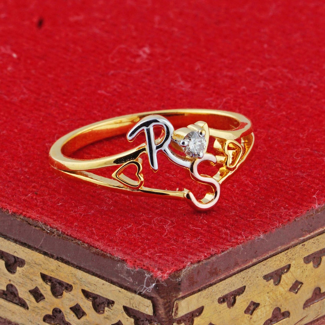 Solid 14k Yellow Gold Ring, Pave Diamond Initial RS Ring Heart Jewelry ...