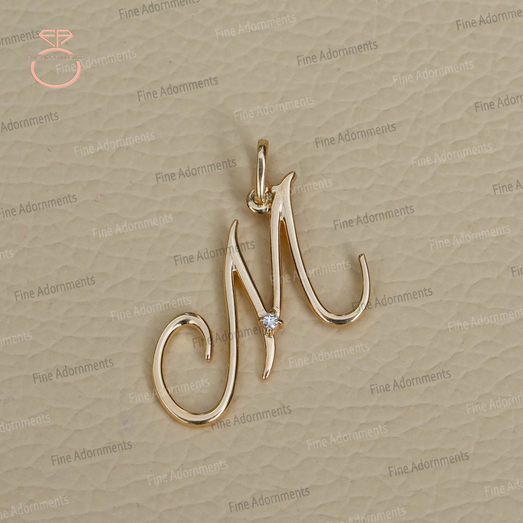 Solid 14k Yellow Gold M Initial Pendant Pave Diamond Jewelry Handmade M ...