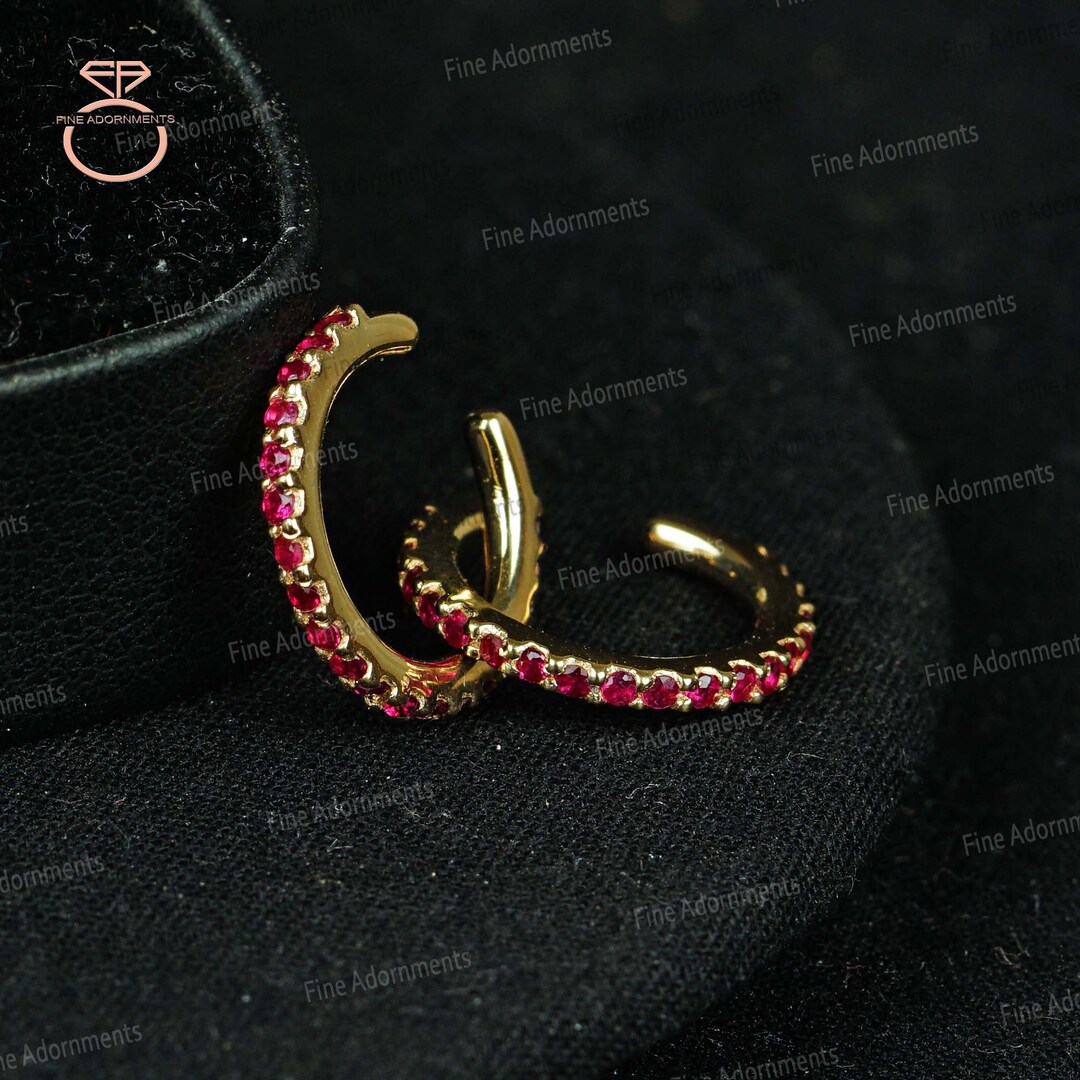 Natural Ruby Gemstone Ear Cuff, 14k Gold No Piercing Ear Cuff, Cartilage Earrings Jewelry 10 MM ...