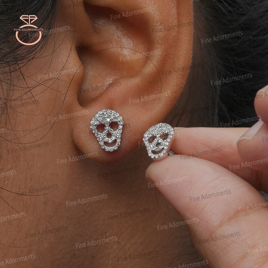 Pave Diamond Solid 14k White Gold Skull Stud Earrings Handmade Unisex Jewelry Minimalist Skull ...